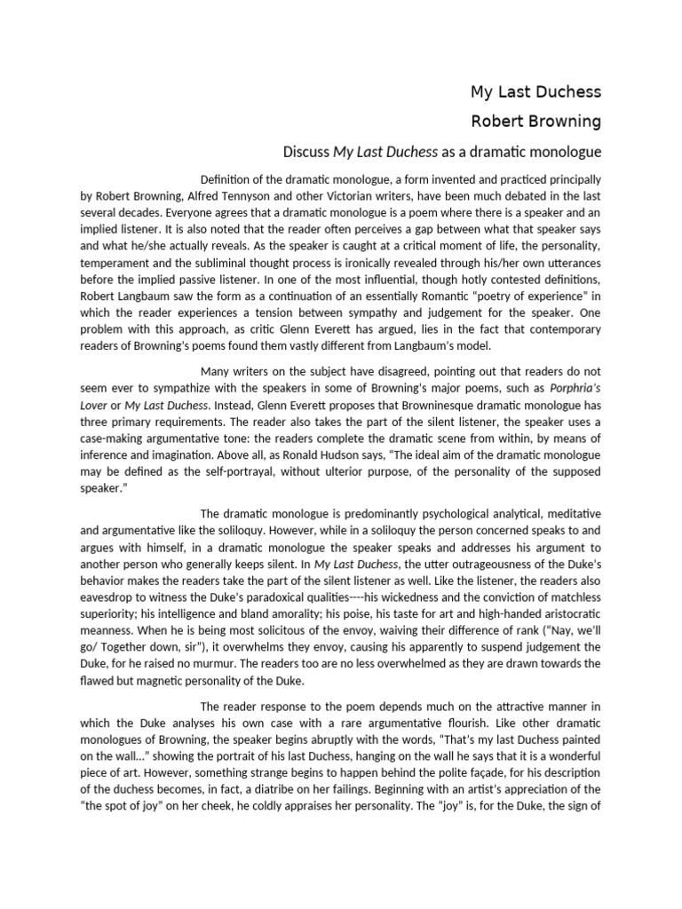 Last Duchess - Dramatic Monologue | PDF | Robert Browning