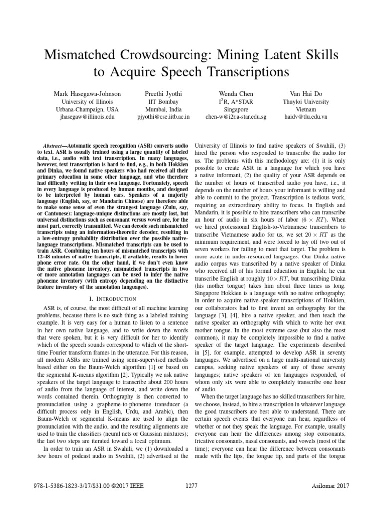 Mismatched Crowdsourcing Mining Latent Skills To Acquire Speech Transcriptions | PDF | Speech ...