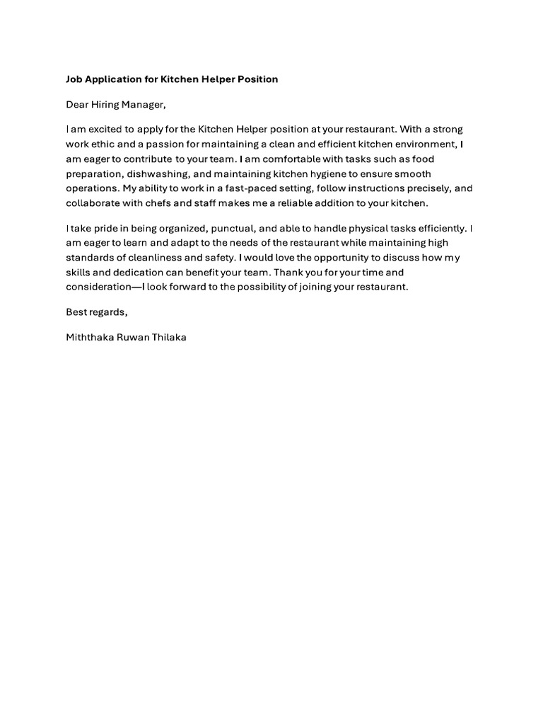 Application Letter For The Kitchen Assistant Position | PDF