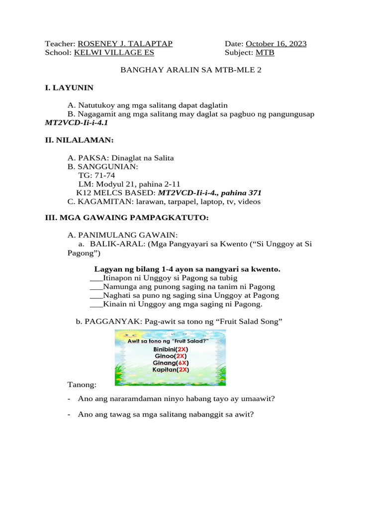 Cot Lesson Plan in Mtb-Mle 2 | PDF