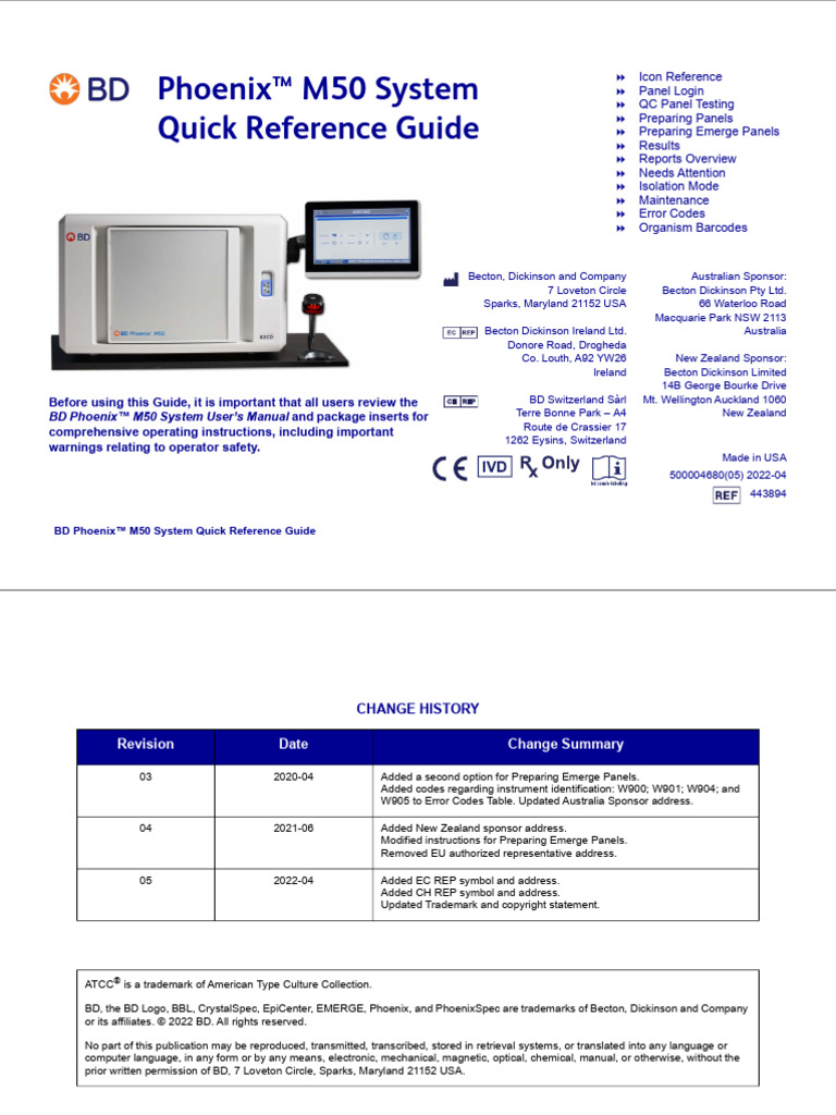 BD Phoenix M50 Quick Reference Guide ZLU - 500004680 - EN - D - 05 | PDF