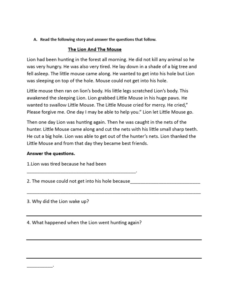 Lion and Mouse Story Comprehension Activities | PDF