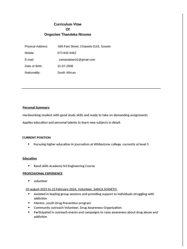 CV Ongeziwe Thandeka Ntsume | PDF