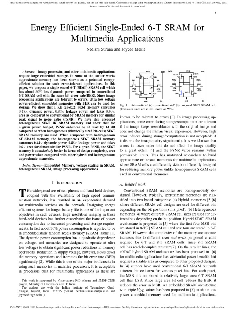 Energy Efficient Single Ended 6 T SRAM For | PDF | Computer Memory | Electrical Engineering