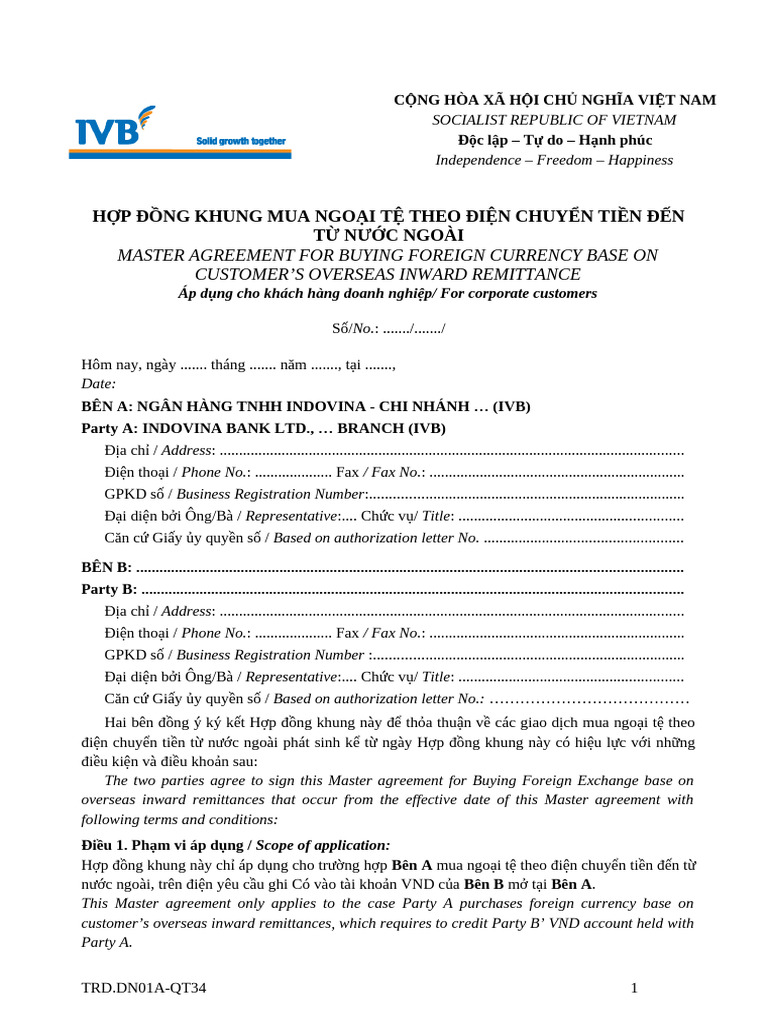 TRD - DN01A-QT34-Hop Dong Khung Mua Ngoai Te Theo Dien Chuyen Tien Den Tu Nuoc Ngoai | PDF