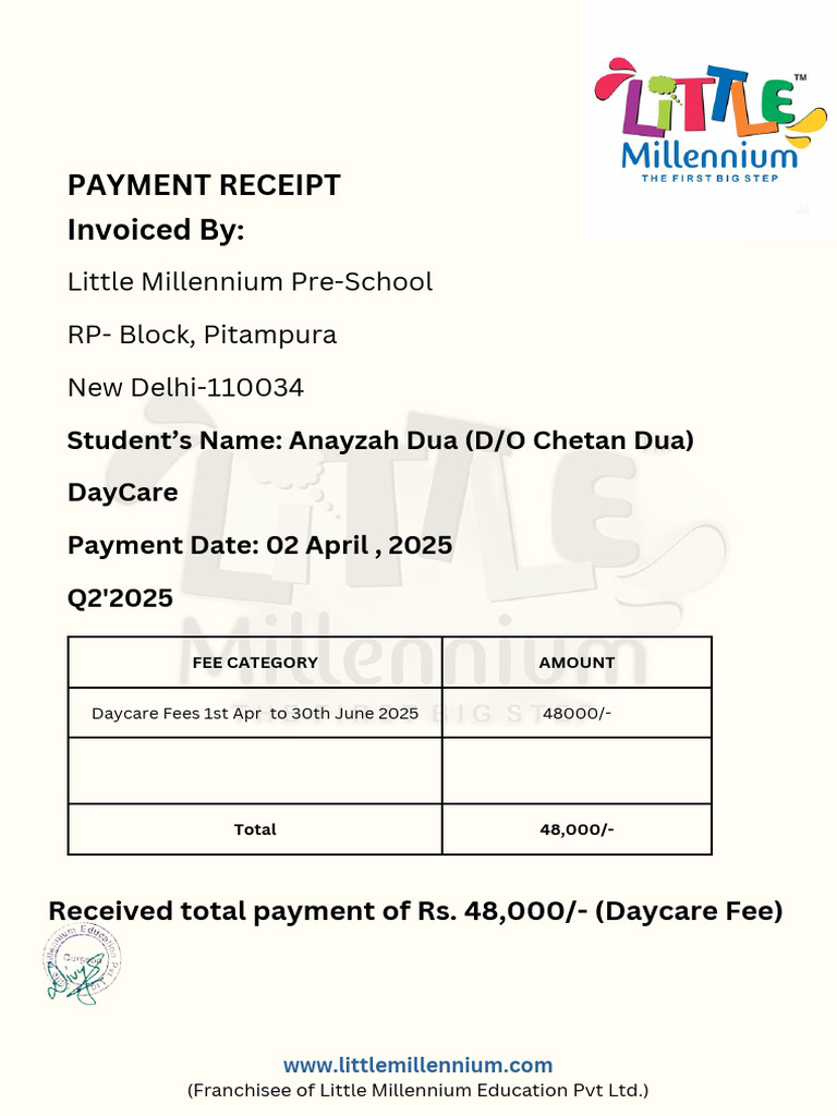 Little Millennium Daycare Fee Receipt | PDF
