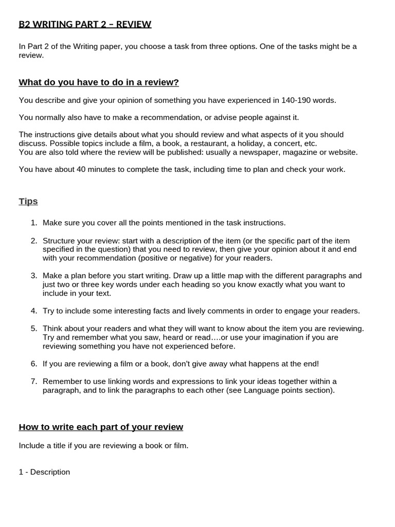 B2 Writing Part 2 Review Info For School | PDF