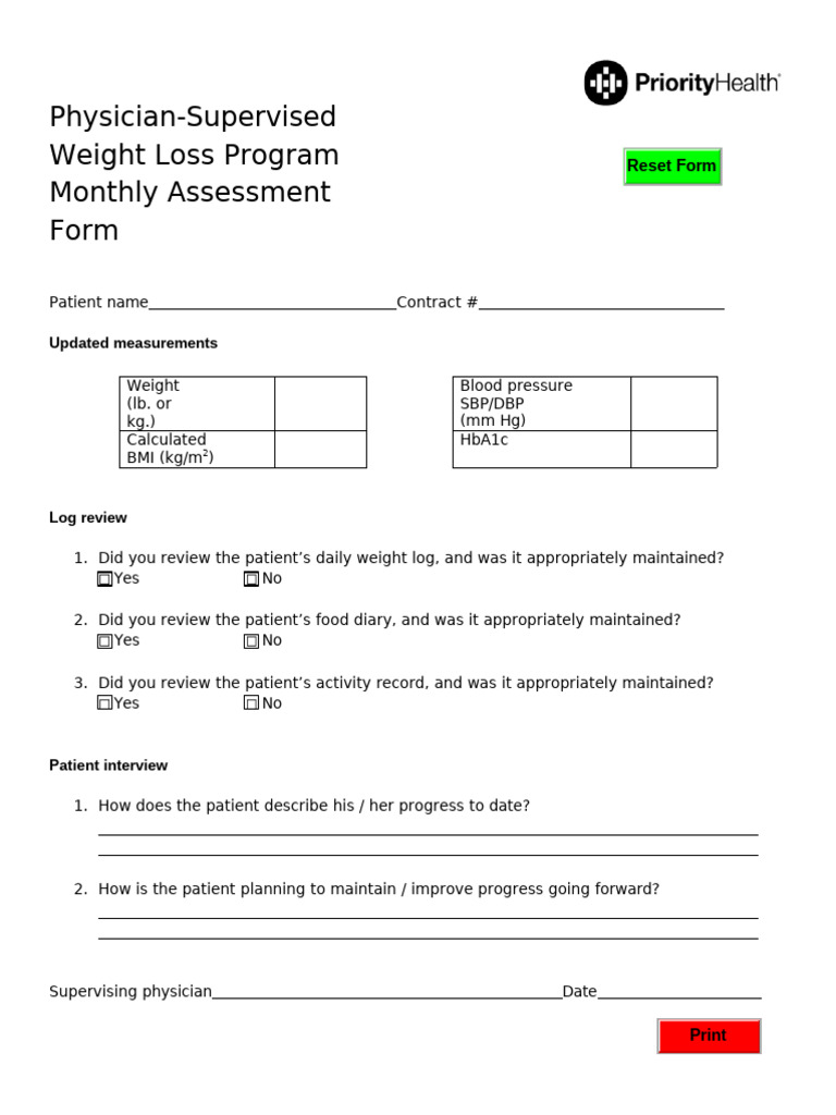 Monthly Weight Loss Assessment Form | PDF