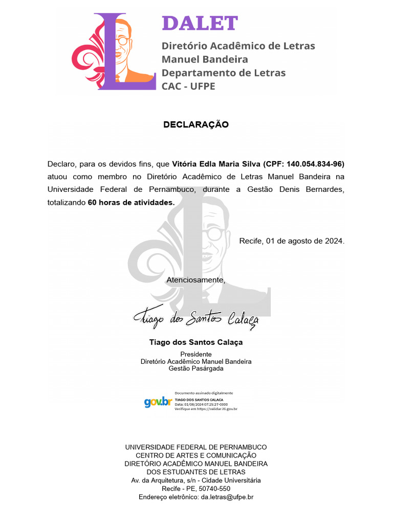 DALET Declaracao de Horas Vitoria Edla Assinado | PDF