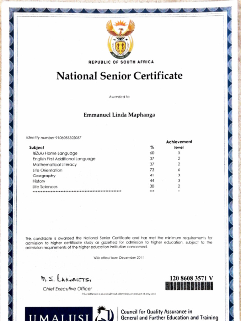 Linda's Matric Certificate | PDF
