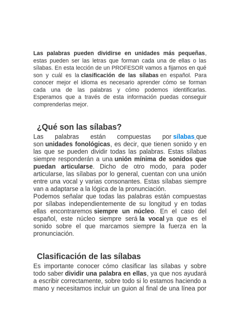 Clasificacion de Las Palabras | PDF | Sílaba | Comunicación humana