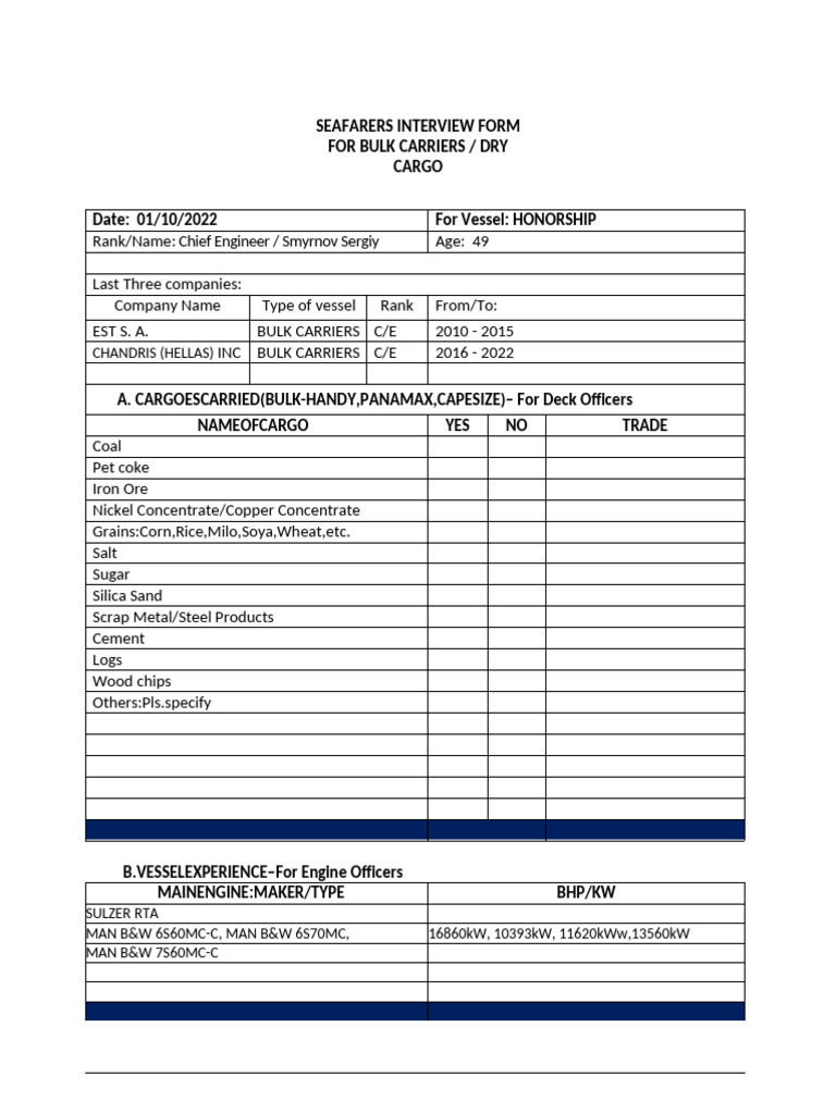 Bulk Carrier Chief Engineer Profile | PDF | Ships | Sailor