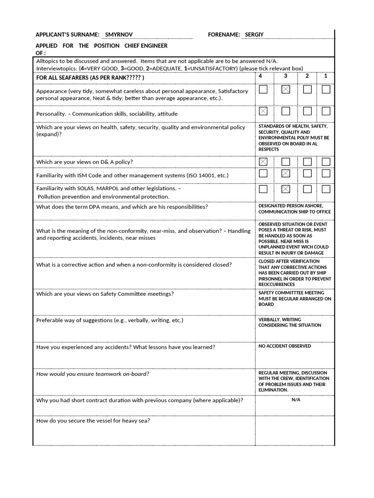 Chief Engineer Interview Evaluation Form | PDF