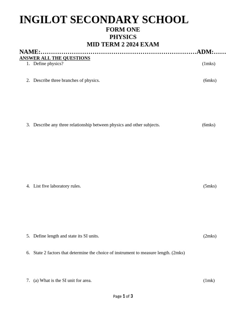 PHYSICS F1 Term 1 2023 Teacher - Co - Ke | PDF