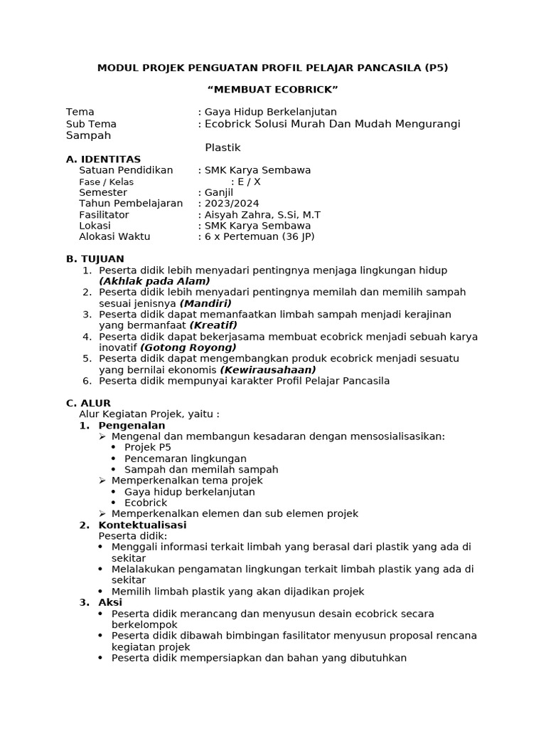 Contoh Modul P5 Tema Gaya Hidup Berkelanjutan - Membuat Ecobrick | PDF