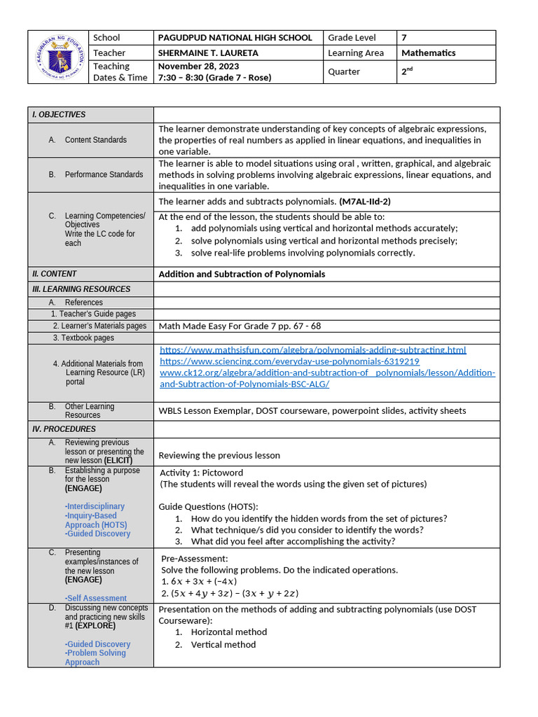 DLP Addition and Subtraction of Polynomials | PDF | Mathematics | Equations