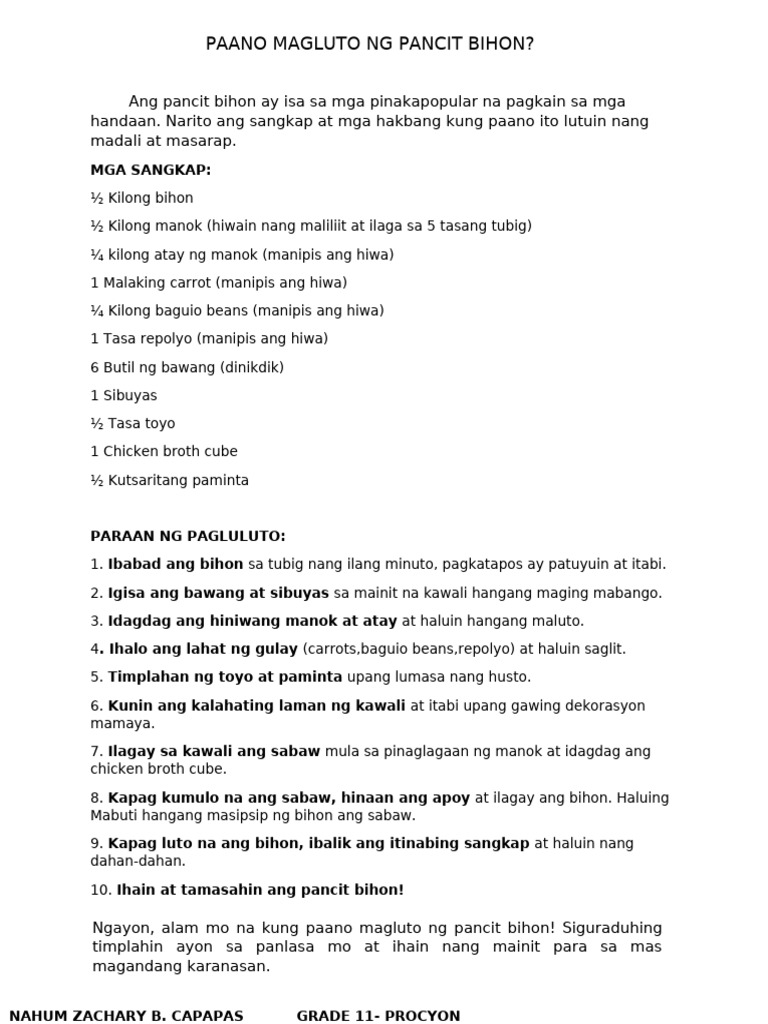 Ang Pancit Bihon Ay Isa Sa Mga Pinakapopular Na Pagkain Sa Mga Handaan | PDF