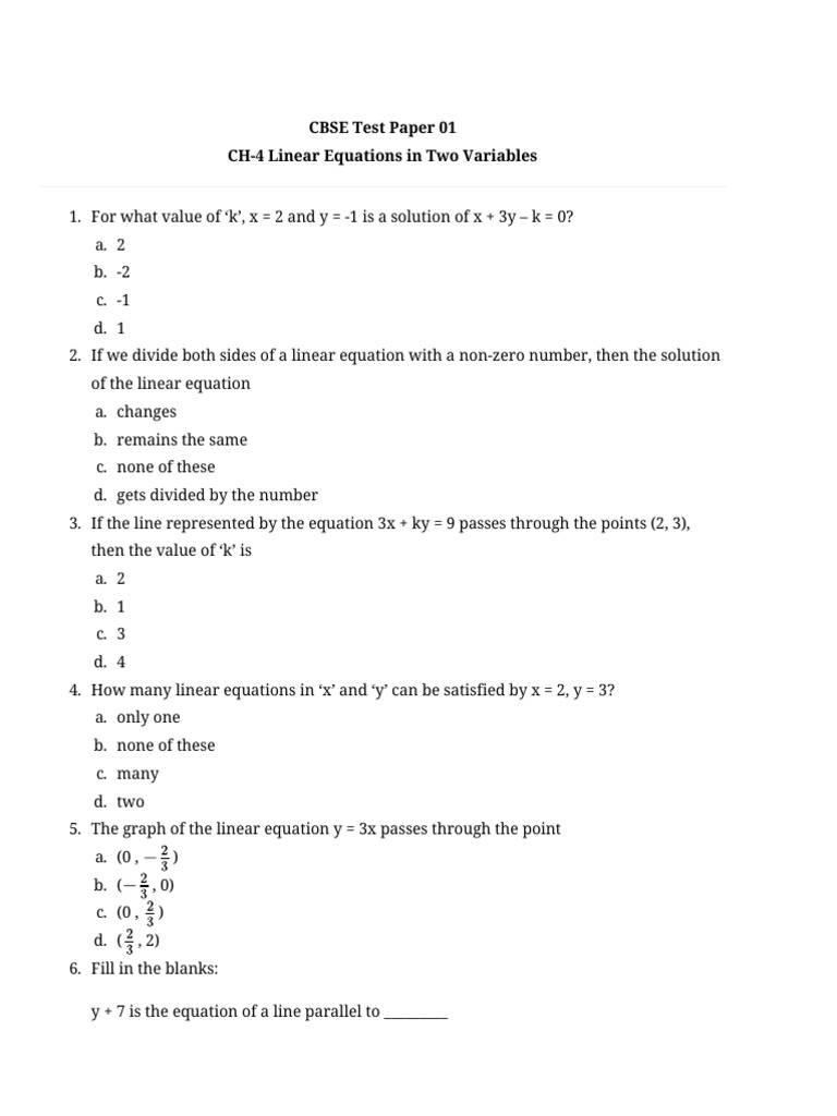 Linear Equations in Two Variables - Test Papers (Class-9 | PDF ...