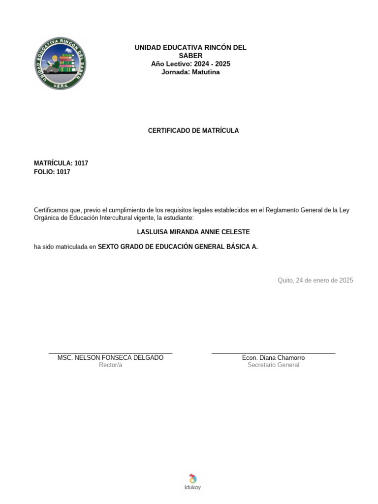 Certificado de Matrícula 2024-2025 | PDF