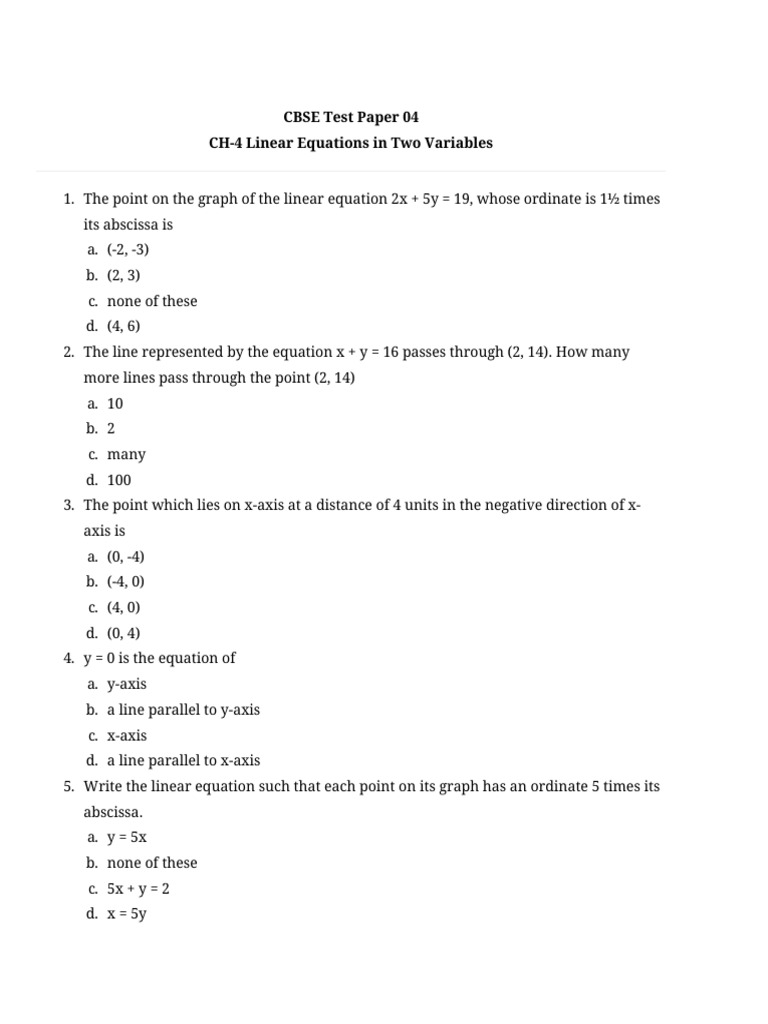 Class 9 Linear Equations Test Paper | PDF | Cartesian Coordinate System ...