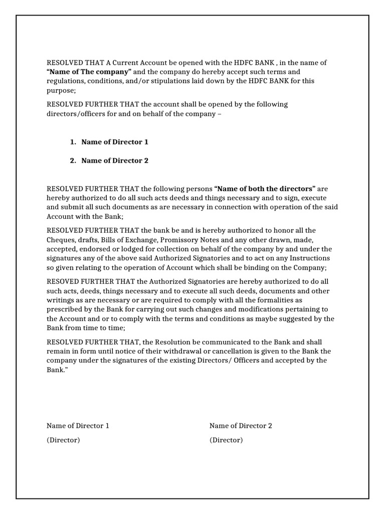 HDFC Bank Account Opening Resolution | PDF
