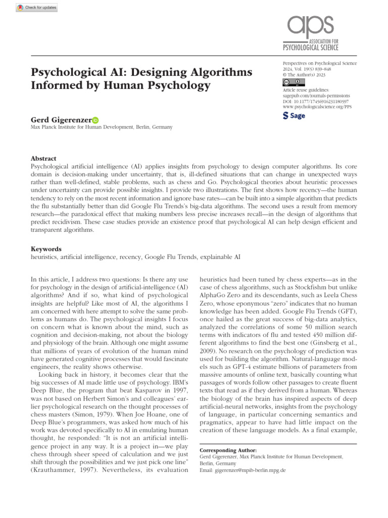 Gigerenzer 2023 Psychological Ai Designing Algorithms Informed by Human Psychology | PDF ...