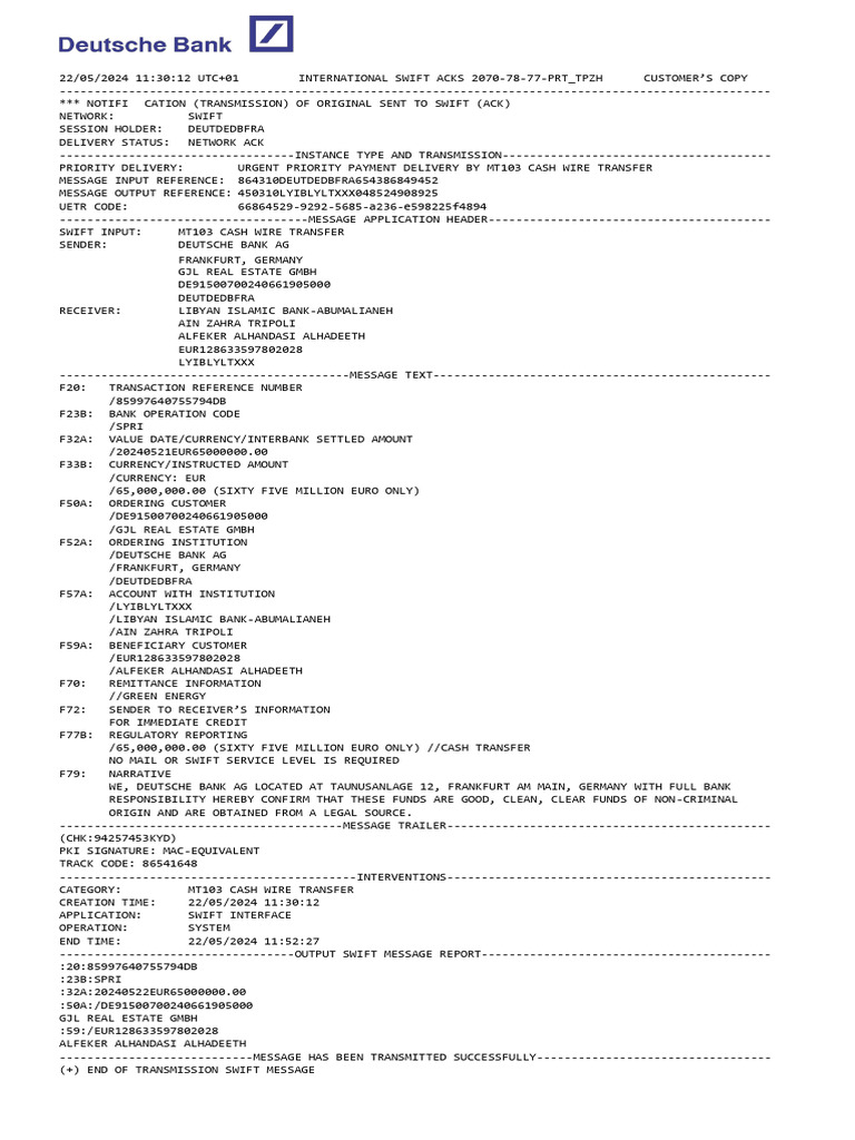 Swift (W) Gjl&alfeker 65M 22052024-1 | PDF | Wire Transfer | Economies