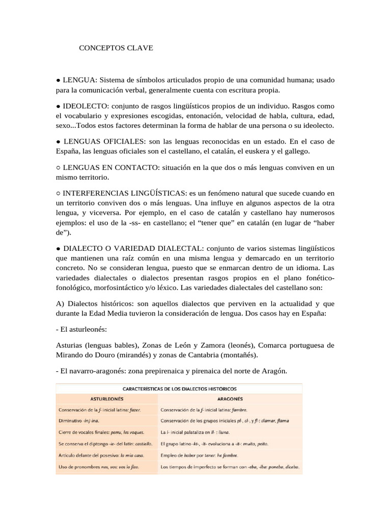 Conceptos Clave de Lenguas y Dialectos | PDF | Lengua española | Dialecto