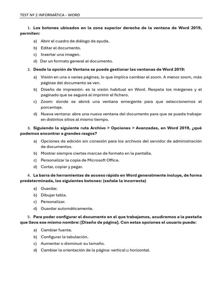 Test de Word 2019: Preguntas y Respuestas | PDF | Microsoft Word ...
