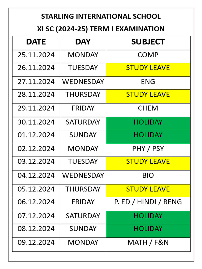 Xi SC Term - 1 Exam Routine 2024 | PDF