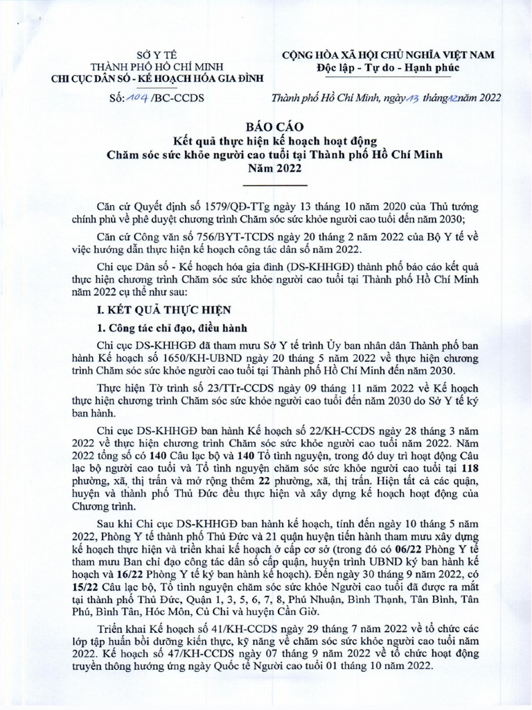 Bao Cao 104 Ngay 13.12.2022 Ket Qua Thuc Hien KH Hoat Dong Cham Soc Suc ...