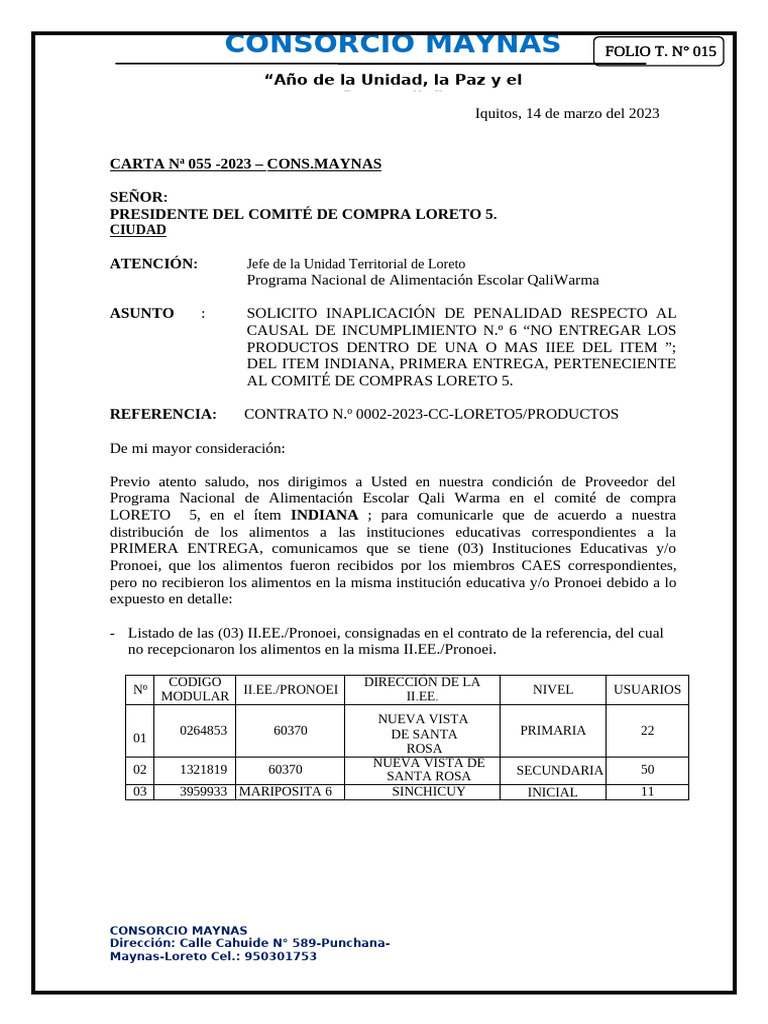Indiana Causal Nº06 No Entregar en La II - Ee - Carta 055-Consorc-Maynas | PDF