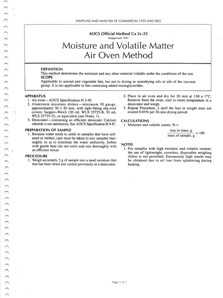 CA 2c - 25 Aocs - Umidade e Materiais Voláteis Método Estufa | PDF ...