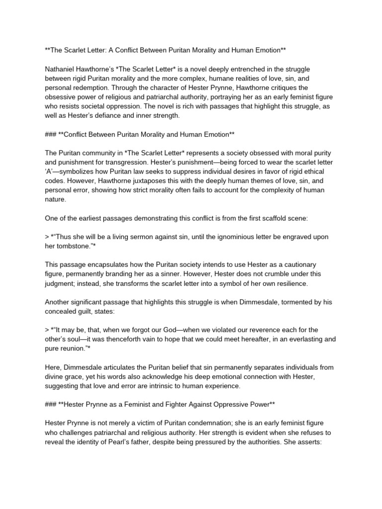 The Scarlet Letter - A Conflict Between Puritan Morality and Human ...