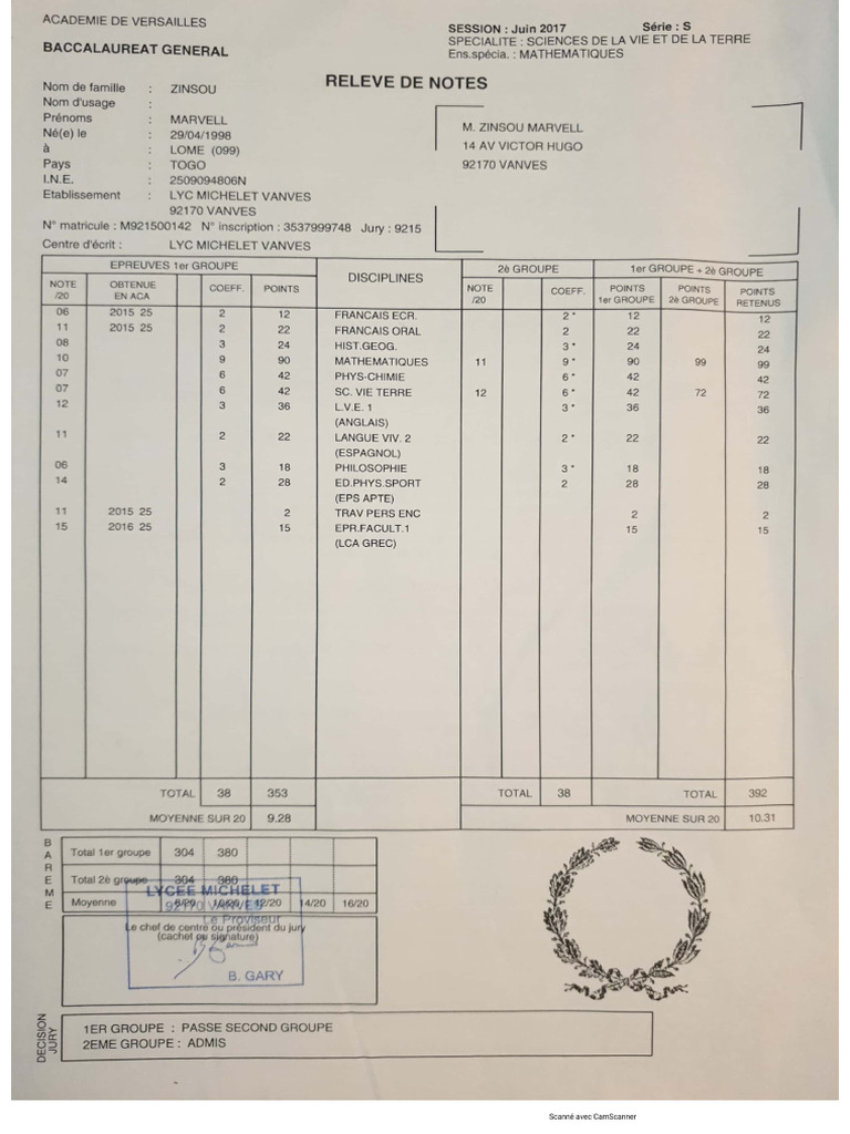 Relevés de Notes | PDF