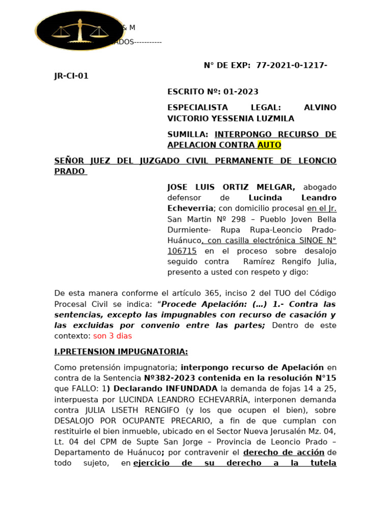 INTERPONGO RECURSO DE APELACION CONTRA LA SENTENCIA Nº382-2023 CONTENIDA EN LA RESOLUCIÓN N°15 ...