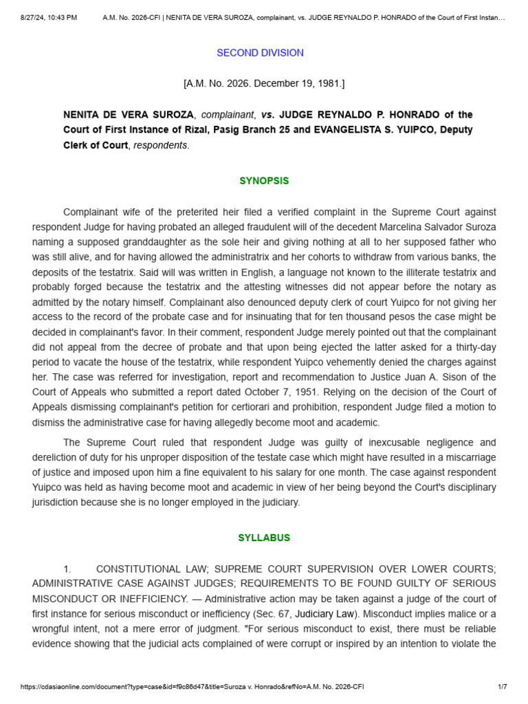 A.M. No. 2026-CFI _ NENITA DE VERA SUROZA, complainant, vs. JUDGE REYNALDO P. HONRADO of the ...