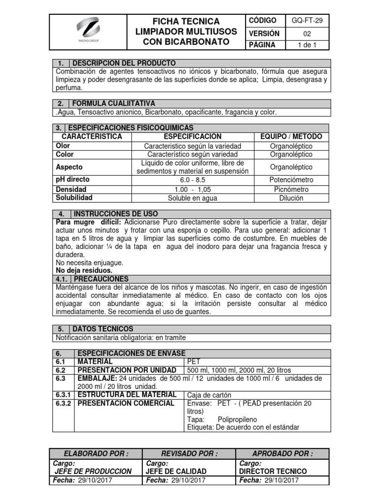 Ficha Tecnica Limpiador Con Bicarbonato | PDF | Agua | Sustancias químicas