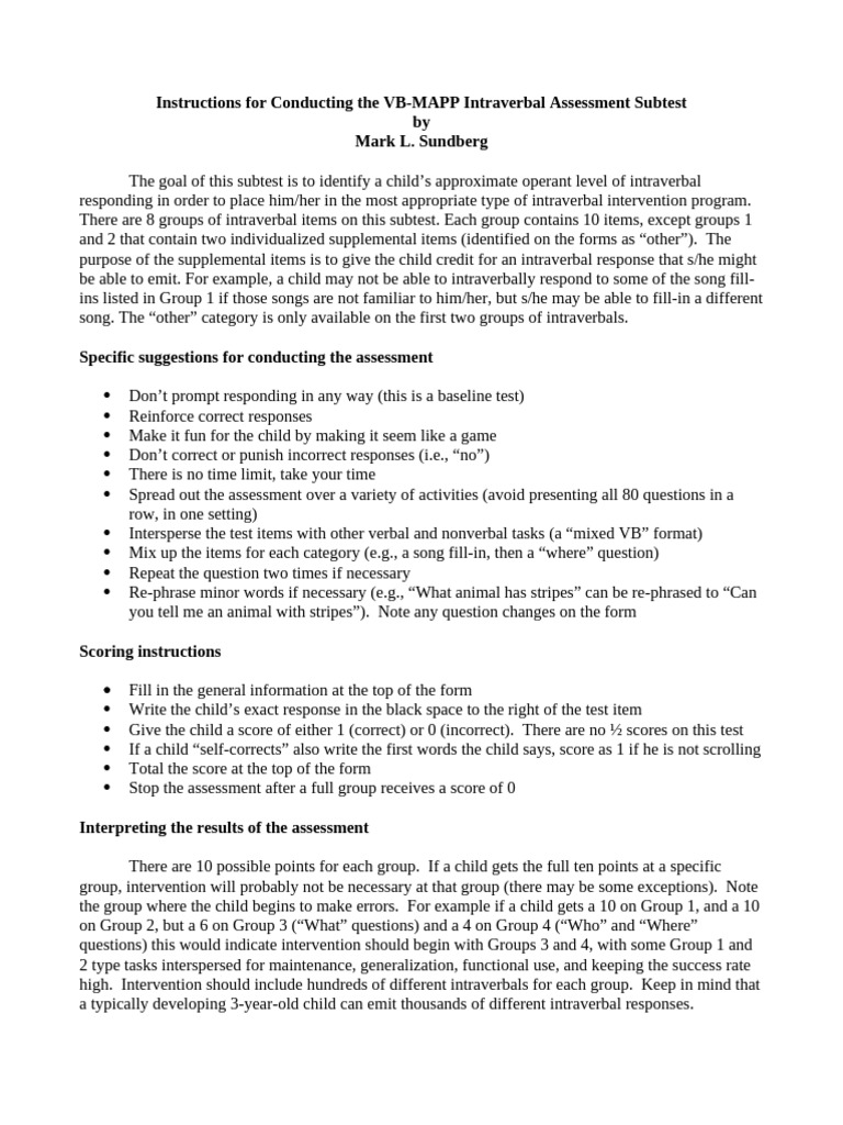 VB-MAPP Intraverbal Assessment Guide | PDF | Cognition | Psychology