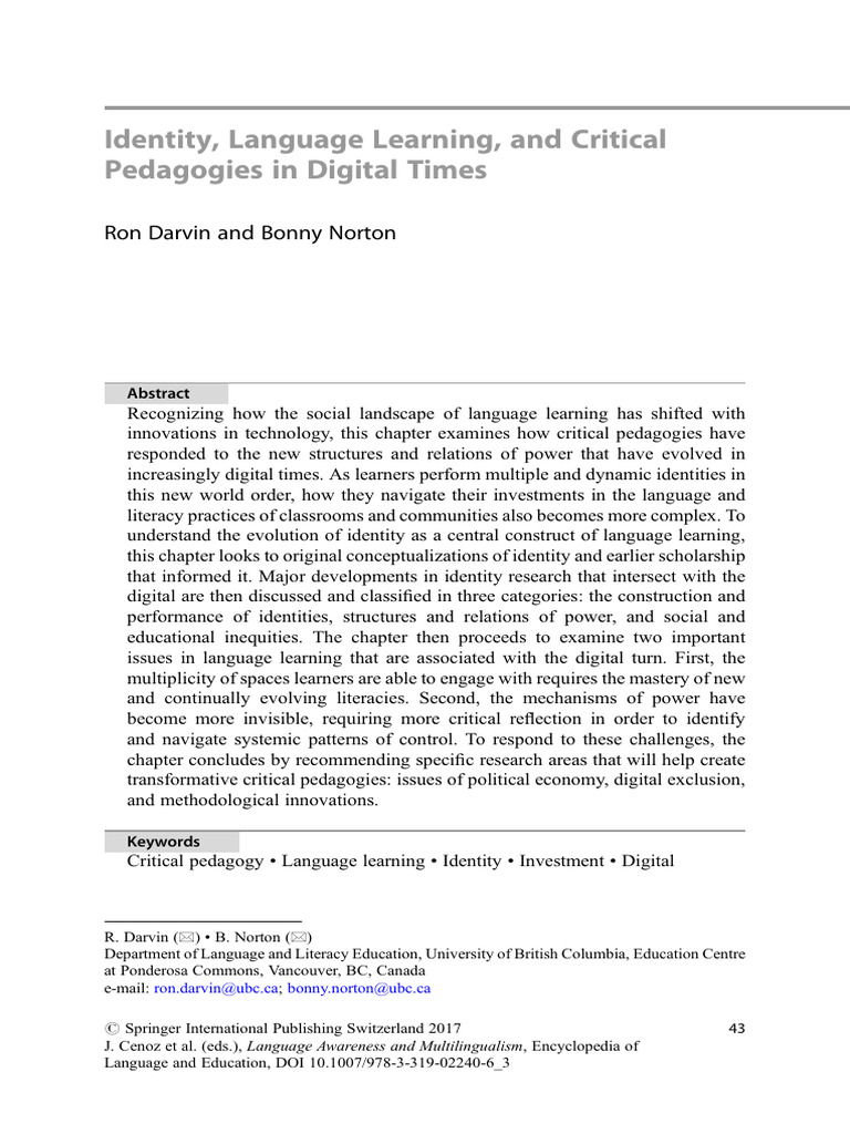 Identity, Language Learning, and Critical Pedagogies in Digital Times | PDF | Pedagogy | Learning
