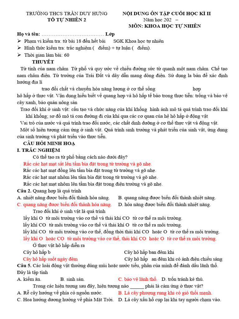 02. Đáp Án Khtn 7 - Nd Ôn Tập Ck2 | PDF