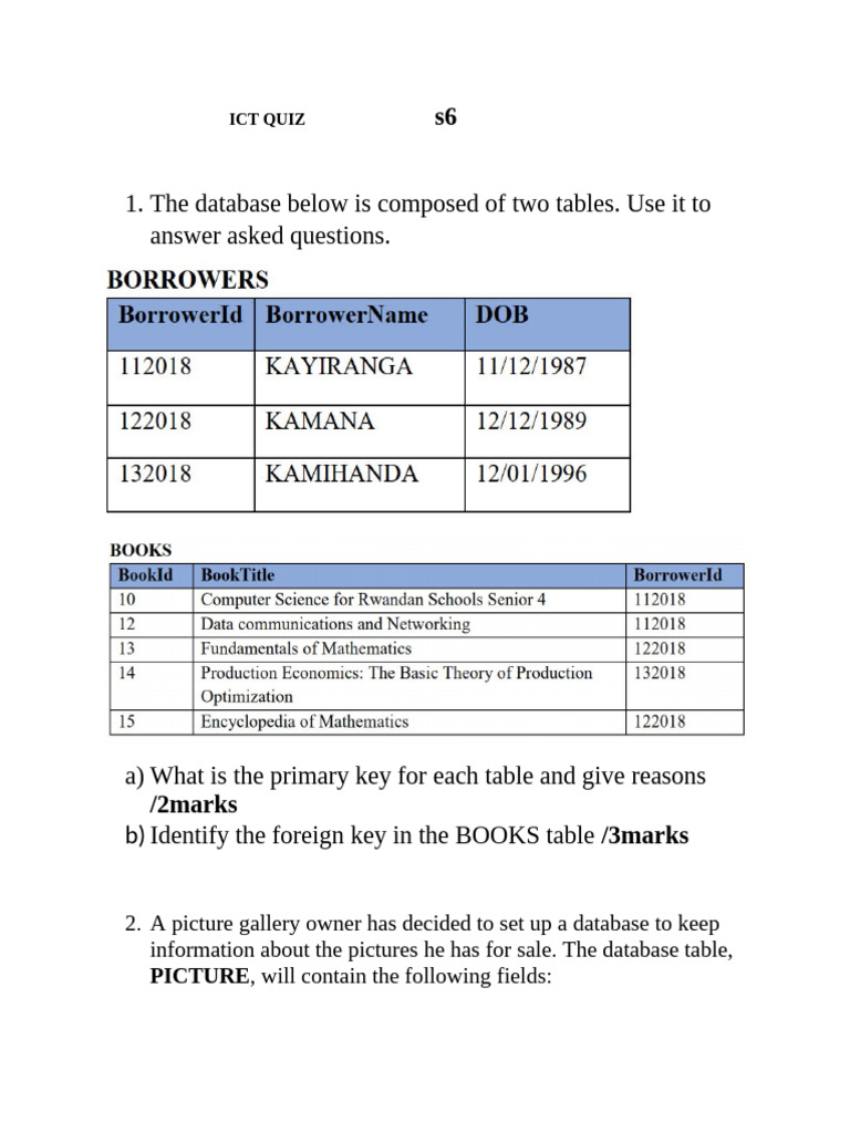 ICT Database Quiz Questions | PDF