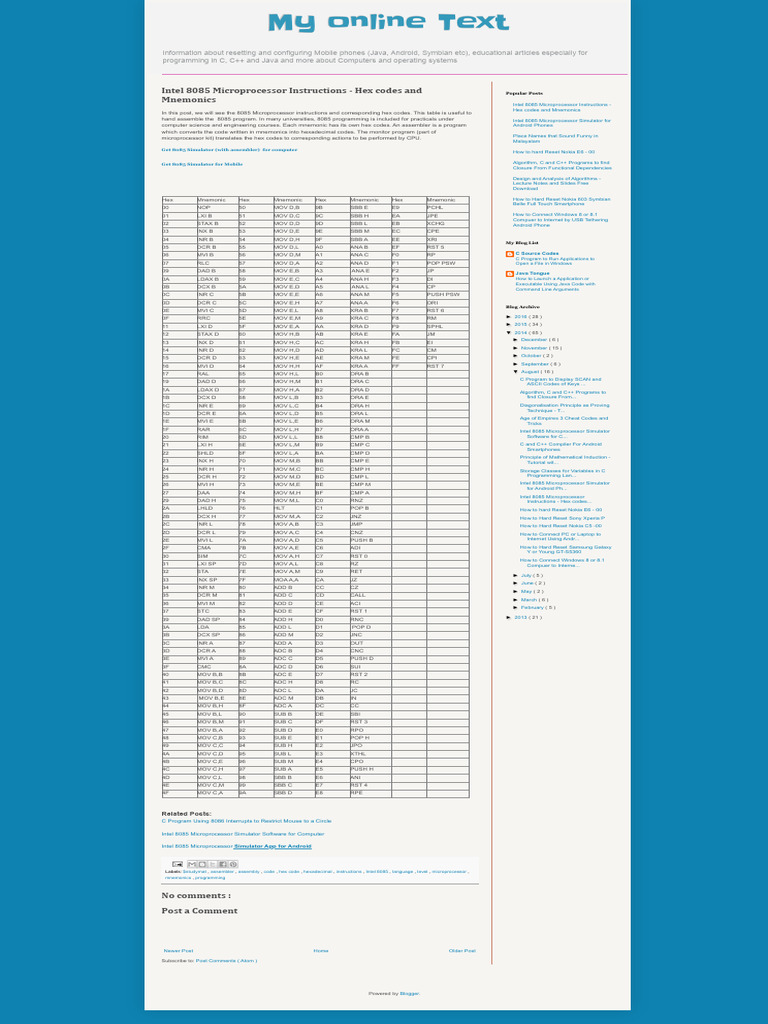 Intel 8085 Microprocessor Instructions - Hex Codes and Mnemonics | PDF | Assembly Language ...