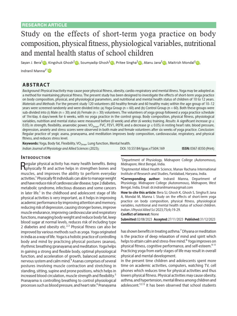 4 Manuscript+169+ (Bera+Et+Al,+Indranil+Manna) +v1 | PDF | Asana | Physical Fitness