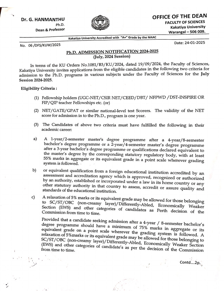 2834 - Ph. D. Notification.. Sciences.. July, 2024 Session | PDF