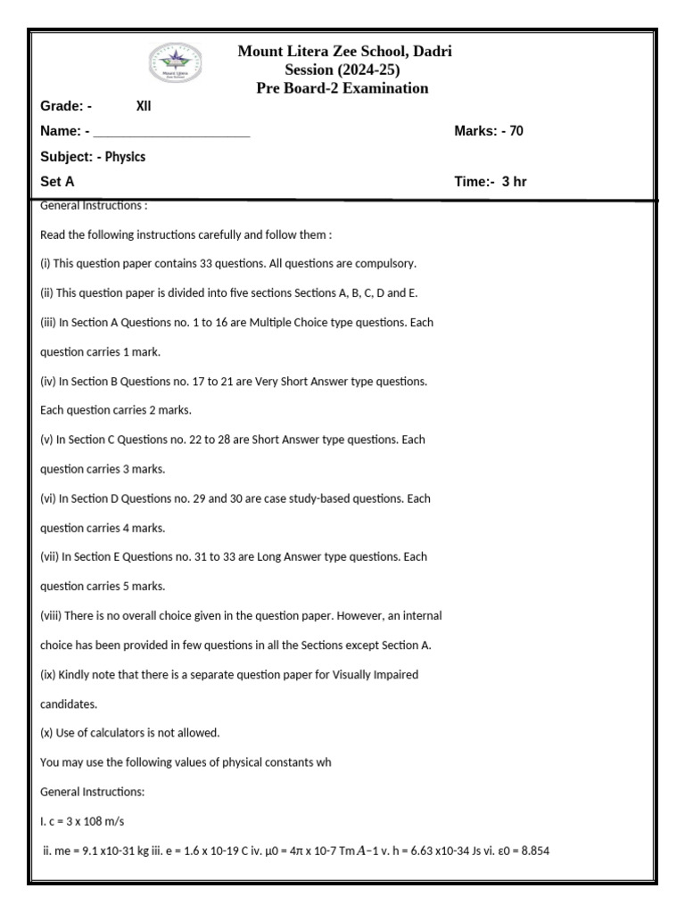 Preboard Grade 12th Physics Set A | PDF | Wavelength | Magnetic Field