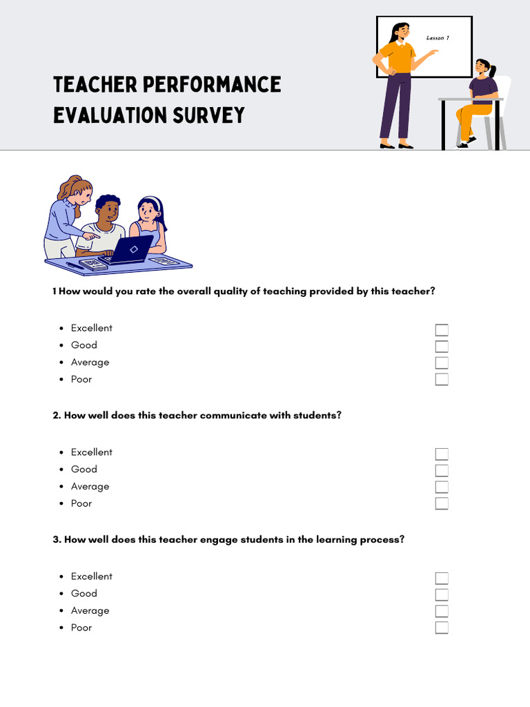Black and White Printable Teacher Performance Evaluation Survey ...