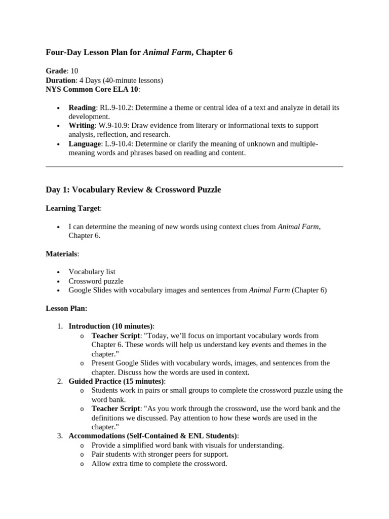 Chapter 6 Animal Farm 4 Day LESSON PLAN | PDF | Reading Comprehension ...