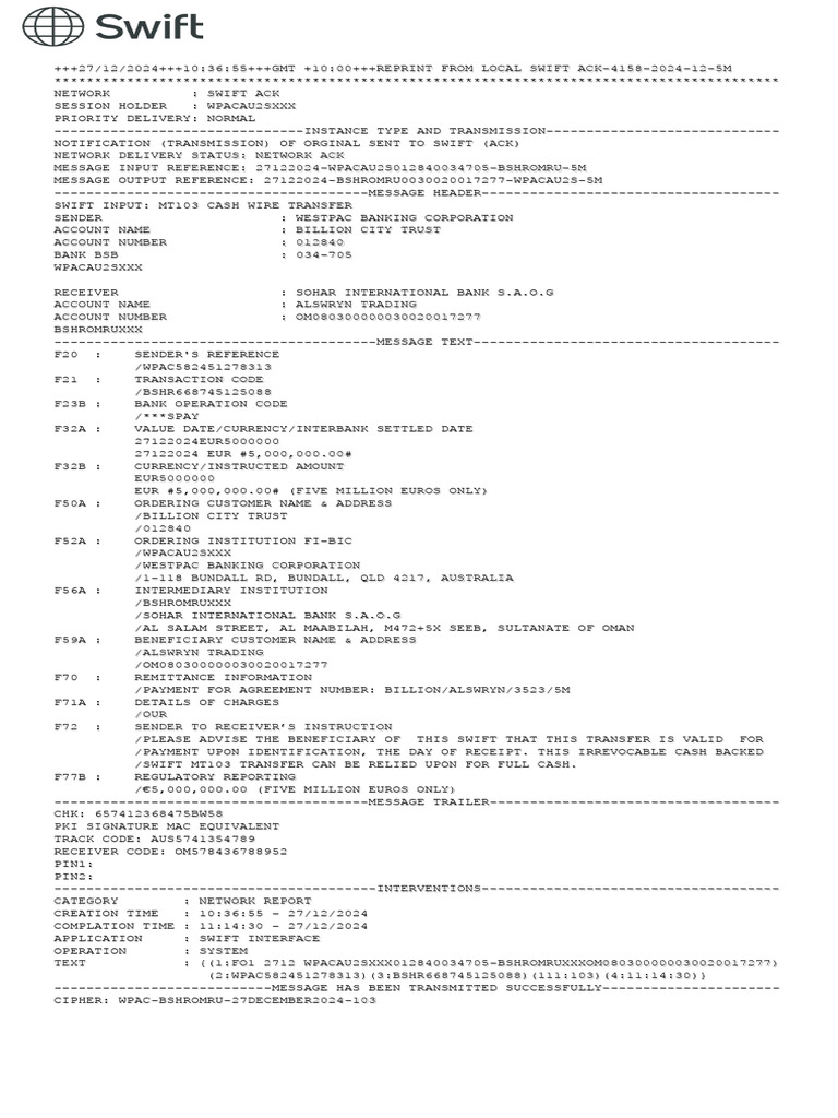 Mt103 Cash Wire Transfer Swift Message Wpacau2sxxx Bshromruxxx Pdf Wire Transfer
