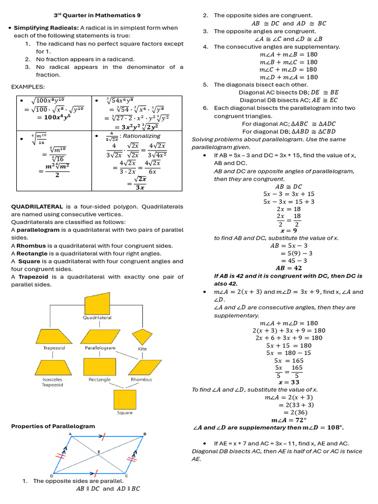 3rd Quarter in Mathematics 9 | PDF | Rectangle | Euclidean Geometry